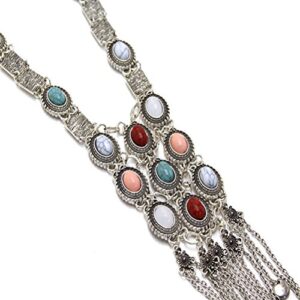 Turquoise Long Boho Bohemian Statement Ethnic Tribal Necklace for Women Vintage Retro Rhinestone (Silver)