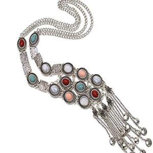 Turquoise Long Boho Bohemian Statement Ethnic Tribal Necklace for Women Vintage Retro Rhinestone (Silver)