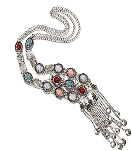 Turquoise Long Boho Bohemian Statement Ethnic Tribal Necklace for Women Vintage Retro Rhinestone (Silver)