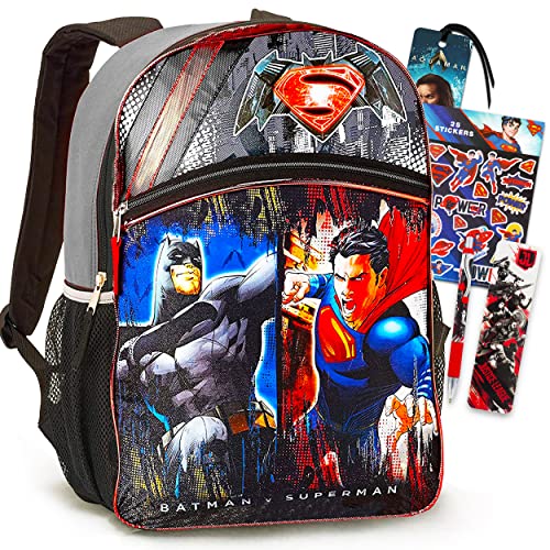 DC Comics Superman Backpack for Kids Bundle ~ Deluxe 16" Superman School Bag with Superman Pen, Bookmark, and Stickers (Superman School Supplies)