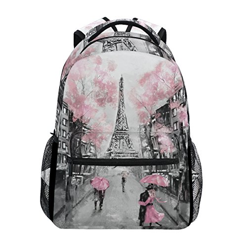 TropicalLife Pink Cherry Blossom Paris Eiffel Tower Backpacks Bookbag Shoulder School Computer Hiking Gym Travel Casual Travel Daypack