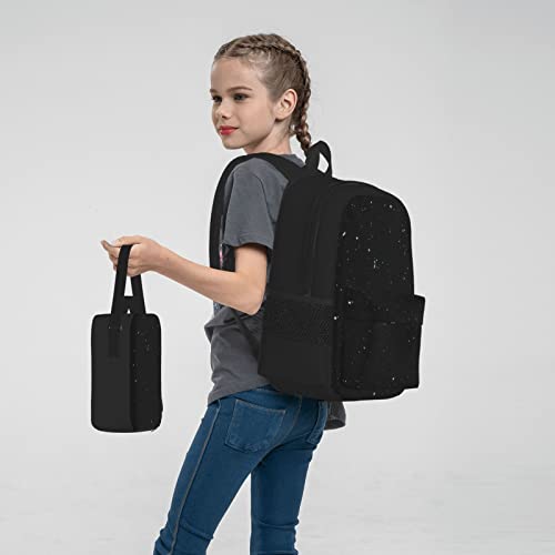 NHGFVT Teen Backpack Set School Bookbags Girls Boys Black Glitter Backpacks With Lunch Box And Pencil Case