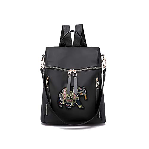 LTDH Women Backpack Fashion Shoulder Bag Girls Daypack Travel Rucksack Bag Embroidery Elephant (Black)