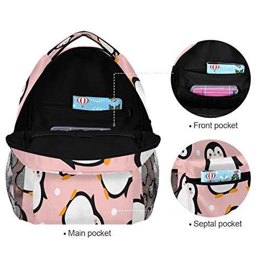 Cute Penguin Backpack for Boys Girls Kids Cartoon Pink Sea Animals Dots Student Bookbag School Bag 14 inch Laptop Backpacks Travel Daypack Shoulder Bag