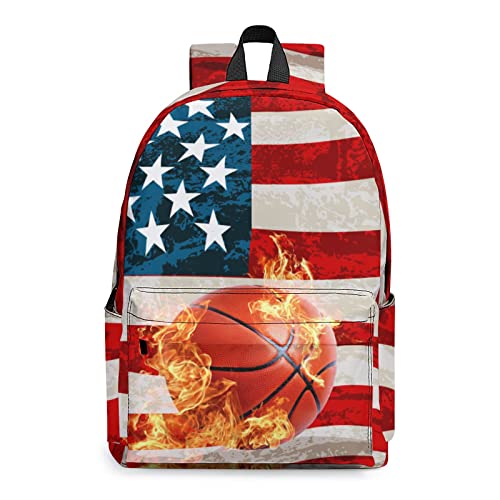 American Flag Basketball School Backpack for Teens Boys Girls Students, 17 Inch Lightweight Middle School Bookbags, Casual Daypack with 15 Inch Laptop Compartment for College, Office or Travel, Red