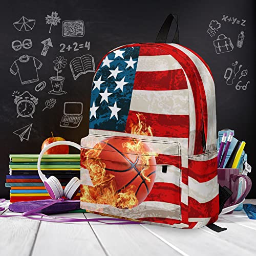 American Flag Basketball School Backpack for Teens Boys Girls Students, 17 Inch Lightweight Middle School Bookbags, Casual Daypack with 15 Inch Laptop Compartment for College, Office or Travel, Red