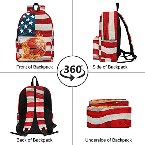 American Flag Basketball School Backpack for Teens Boys Girls Students, 17 Inch Lightweight Middle School Bookbags, Casual Daypack with 15 Inch Laptop Compartment for College, Office or Travel, Red