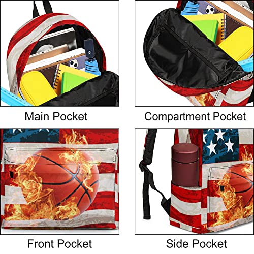 American Flag Basketball School Backpack for Teens Boys Girls Students, 17 Inch Lightweight Middle School Bookbags, Casual Daypack with 15 Inch Laptop Compartment for College, Office or Travel, Red