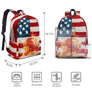 American Flag Basketball School Backpack for Teens Boys Girls Students, 17 Inch Lightweight Middle School Bookbags, Casual Daypack with 15 Inch Laptop Compartment for College, Office or Travel, Red