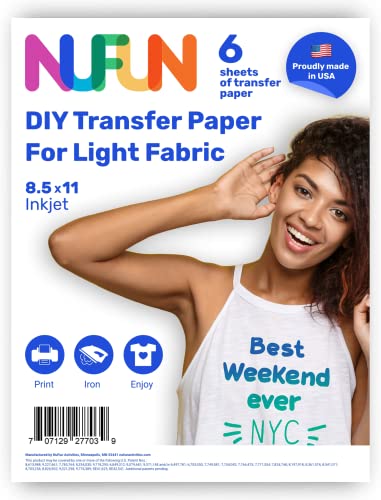 NuFun Activities Heat Transfer Paper for T Shirts, Light Fabrics, Inkjet Printable Iron-On Heat, 8.5 x 11 inch, Make Your own Custom T-Shirt (6 Sheets)