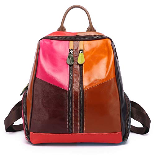 New Women’s Multicolor Backpack Genuine Leather Colorful Patchwork Shoulder Bags (Multicoloured-M)