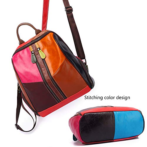 New Women’s Multicolor Backpack Genuine Leather Colorful Patchwork Shoulder Bags (Multicoloured-M)