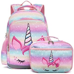 JIANYA Kids Backpack for School Girls Backpack Lunch Box Set Unicorn Preschool Kindergarten Bookbag with Chest Strap