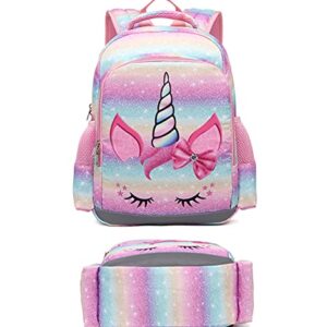 JIANYA Kids Backpack for School Girls Backpack Lunch Box Set Unicorn Preschool Kindergarten Bookbag with Chest Strap