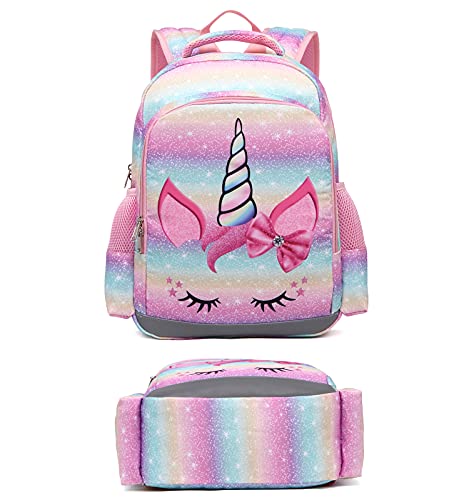 JIANYA Kids Backpack for School Girls Backpack Lunch Box Set Unicorn Preschool Kindergarten Bookbag with Chest Strap