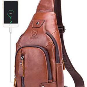 BULLCAPTAIN Mens Sling Bag Genuine Leather Chest Shoulder Bags with USB Charging Port Casual Crossbody Bag Travel Hiking Daypacks (brown)