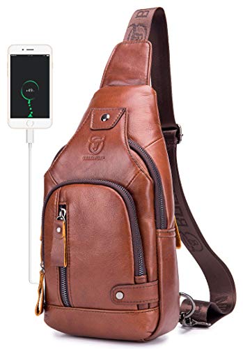 BULLCAPTAIN Mens Sling Bag Genuine Leather Chest Shoulder Bags with USB Charging Port Casual Crossbody Bag Travel Hiking Daypacks (brown)