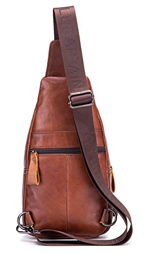 BULLCAPTAIN Mens Sling Bag Genuine Leather Chest Shoulder Bags with USB Charging Port Casual Crossbody Bag Travel Hiking Daypacks (brown)