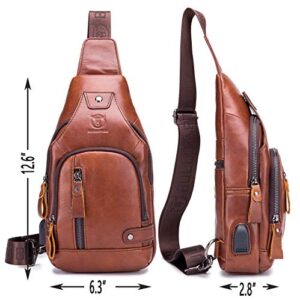 BULLCAPTAIN Mens Sling Bag Genuine Leather Chest Shoulder Bags with USB Charging Port Casual Crossbody Bag Travel Hiking Daypacks (brown)