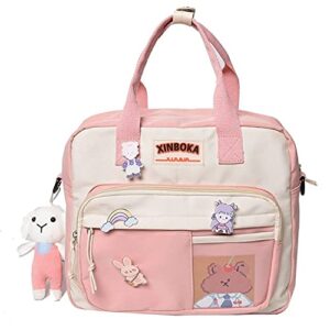 kawaii canvas school backpack with pendant, laptop shoulders bag, back to school off to college supplies (pink)