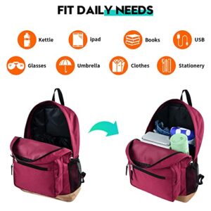 School Backpack Lightweight School Bag College Casual Daypack with 2 Side Pockets for Tavel Sport High School Middle Bookbag Wine Red