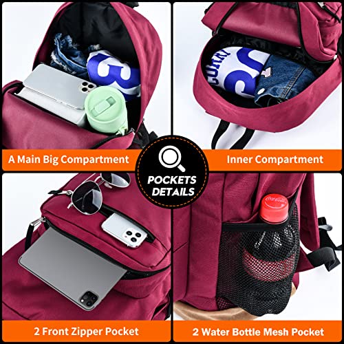 School Backpack Lightweight School Bag College Casual Daypack with 2 Side Pockets for Tavel Sport High School Middle Bookbag Wine Red