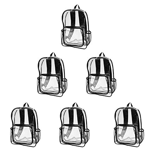 DISCOUNT PROMOS Heavy Duty Clear Plastic Backpacks Set of 6, Bulk Pack - PVC, Water Resistant, Great for School, Travel - Clear/Black