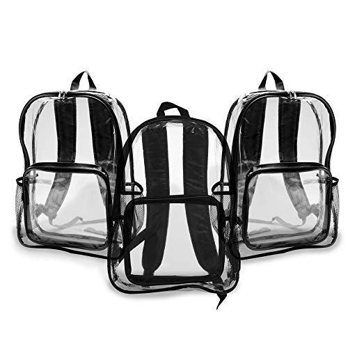 DISCOUNT PROMOS Heavy Duty Clear Plastic Backpacks Set of 6, Bulk Pack - PVC, Water Resistant, Great for School, Travel - Clear/Black