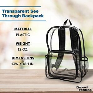 DISCOUNT PROMOS Heavy Duty Clear Plastic Backpacks Set of 6, Bulk Pack - PVC, Water Resistant, Great for School, Travel - Clear/Black