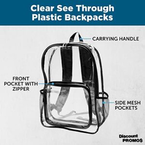 DISCOUNT PROMOS Heavy Duty Clear Plastic Backpacks Set of 6, Bulk Pack - PVC, Water Resistant, Great for School, Travel - Clear/Black