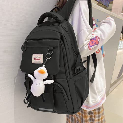 Kawaii Japanese Korean harajuku cute aesthetic backpack duck decoration teenage school gift for birthday Christmas (black)