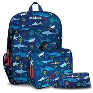 lone cone kids’ backpacks for boys & girls, sizes for preschool through elementary, shark school, kit (15″ backpack w/ lunch box)