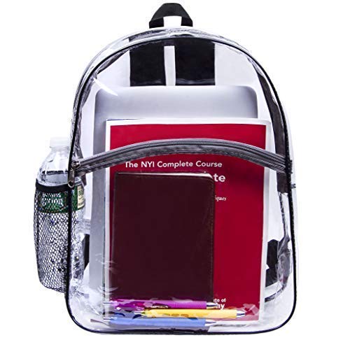 Vinyl Security Clear Bag Stadium Approved Backpack Bookbag with Black Trim Adjustable Straps & Mesh Side