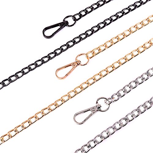 Swpeet 3Pcs Luxury Fashion 47 Inche Replacement Flat Chain Strap with Buckles Set, Perfect for DIY Metal Shoulder Cross Body Bag Hand Bag Purse Replacement （ Gold + Silver+ Gun-Black