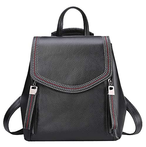 HESHE Women’s Genuine Leather Backpack Casual Style Flap Backpacks Daypack for Ladies and Girls (Black)