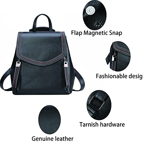 HESHE Women’s Genuine Leather Backpack Casual Style Flap Backpacks Daypack for Ladies and Girls (Black)