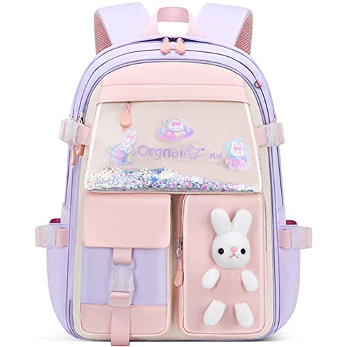 Stylifeo Bunny Backpack for Girls Cute Backpack Kawaii School Bookbag for Kindergarten Preschool Elementary(Purple for girl grades 3-6)