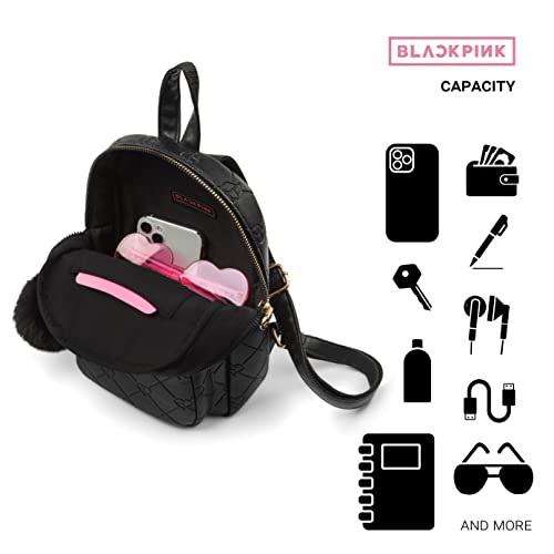 BLACKPINK Fanfare Collection Mini Backpack for Women, Girls, and Teens, Officially Licensed Lightweight Faux, Black