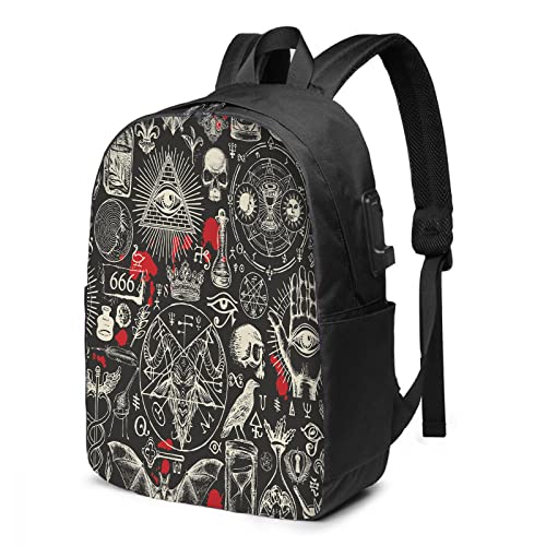 Nicokee Laptop Backpack Carry On Backpack Durable Large Leisure Bag Occult Skull Rune Demon Blood Bat Crow Eye Multifunctional Backpack With Usb Port 17 Inch For Man/Woman