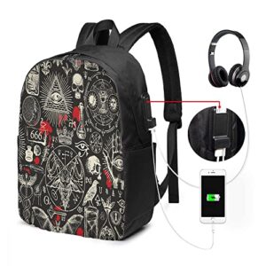 Nicokee Laptop Backpack Carry On Backpack Durable Large Leisure Bag Occult Skull Rune Demon Blood Bat Crow Eye Multifunctional Backpack With Usb Port 17 Inch For Man/Woman