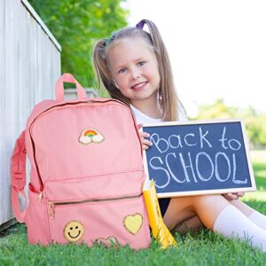 Pink Lightweight Backpack Preppy Patches Nylon Backpack Rainbow Heart Smile Waterproof Travel Bag Pack for Girls and Students Back to School