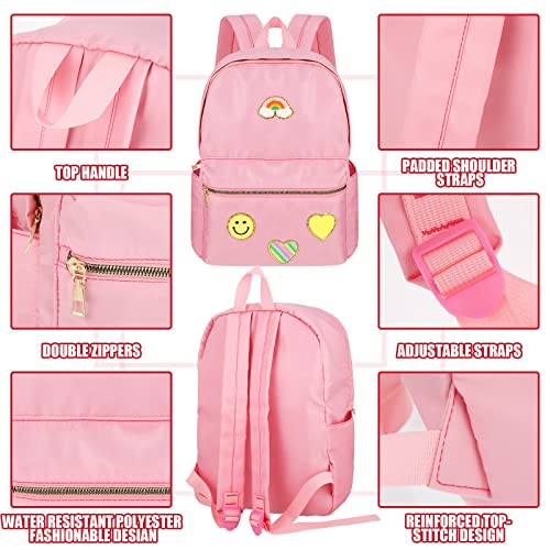 Pink Lightweight Backpack Preppy Patches Nylon Backpack Rainbow Heart Smile Waterproof Travel Bag Pack for Girls and Students Back to School