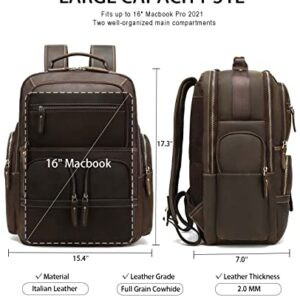 Taertii Vintage Genuine Leather Backpack for Men, 16'' Macbook Travel Hiking School Bag Daypack 30L - Brown