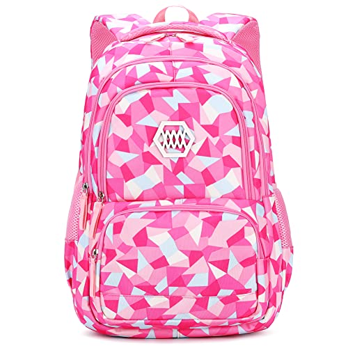 School Backpack Teenagers Students Bookbag Geometric Printed Schoolbag Water Resistant Casual Backpack (Rose Red)