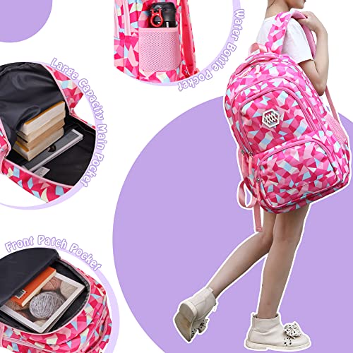 School Backpack Teenagers Students Bookbag Geometric Printed Schoolbag Water Resistant Casual Backpack (Rose Red)