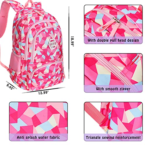 School Backpack Teenagers Students Bookbag Geometric Printed Schoolbag Water Resistant Casual Backpack (Rose Red)