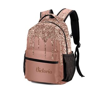 Liveweike Rose Gold Glitter Sparkle Drip Personalized Kids Backpack with Name Teen Girl Boy Primary School Travel Bag