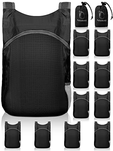 12 Pieces Foldable Hiking Daypacks Water Resistant Lightweight Packable Backpack Black Collapsible Backpack Camping Packable Bag for Women Men Travel Outdoor Running Sports Activities