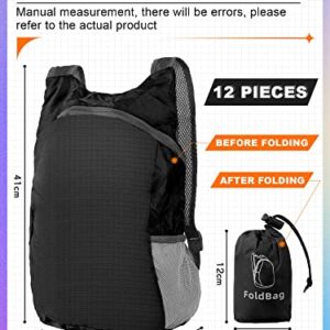 12 Pieces Foldable Hiking Daypacks Water Resistant Lightweight Packable Backpack Black Collapsible Backpack Camping Packable Bag for Women Men Travel Outdoor Running Sports Activities