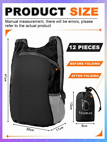 12 Pieces Foldable Hiking Daypacks Water Resistant Lightweight Packable Backpack Black Collapsible Backpack Camping Packable Bag for Women Men Travel Outdoor Running Sports Activities